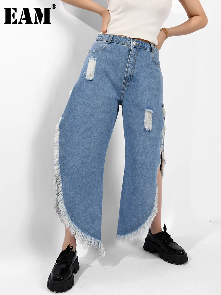 EAM-High-Waist-Blue-Burr-Irregular-Denim-Wide-Leg-Jeans-New-Loose-Women ...