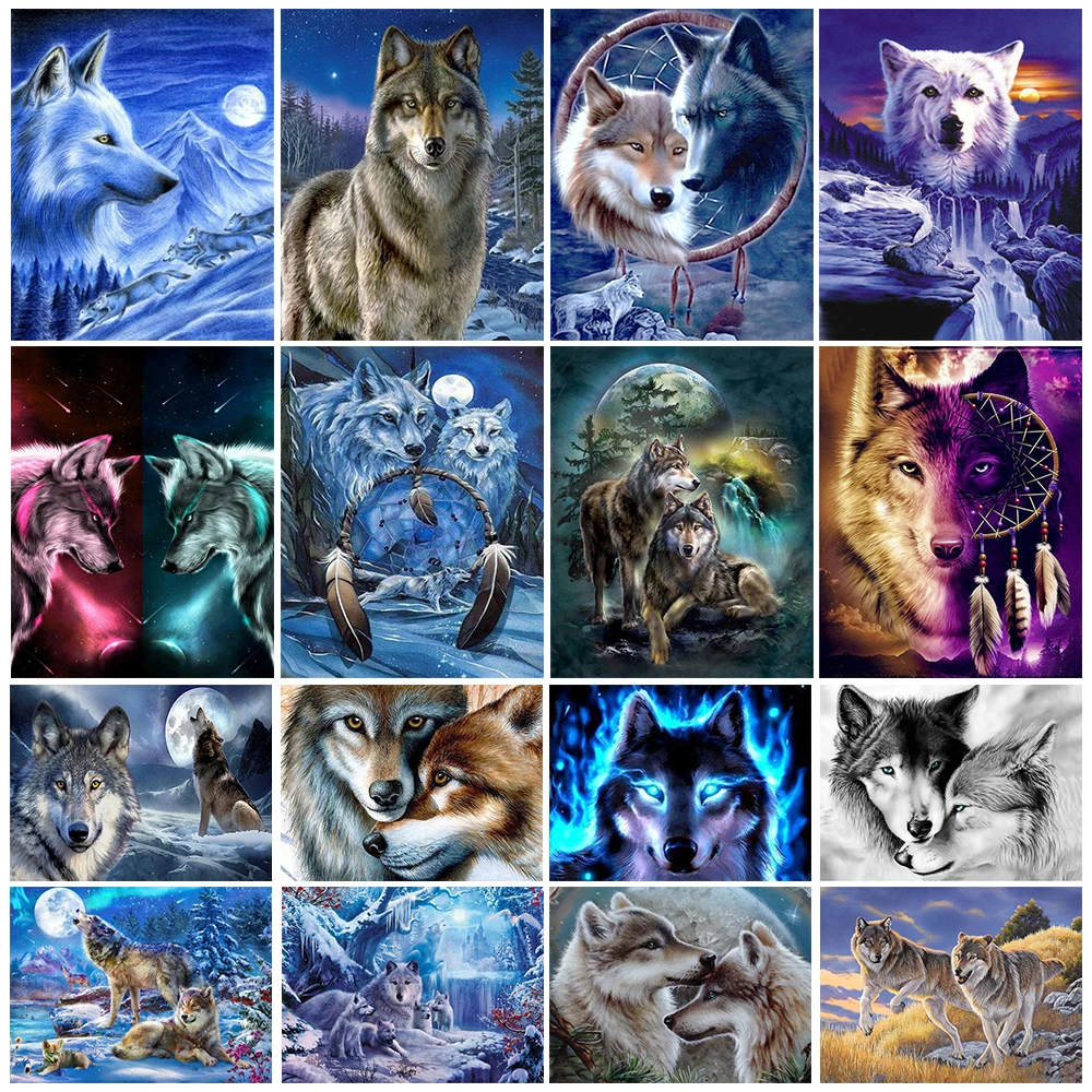 5D DIY Diamond Painting Wolf Diamond Embroidery Moon Landscape Mosaic ...