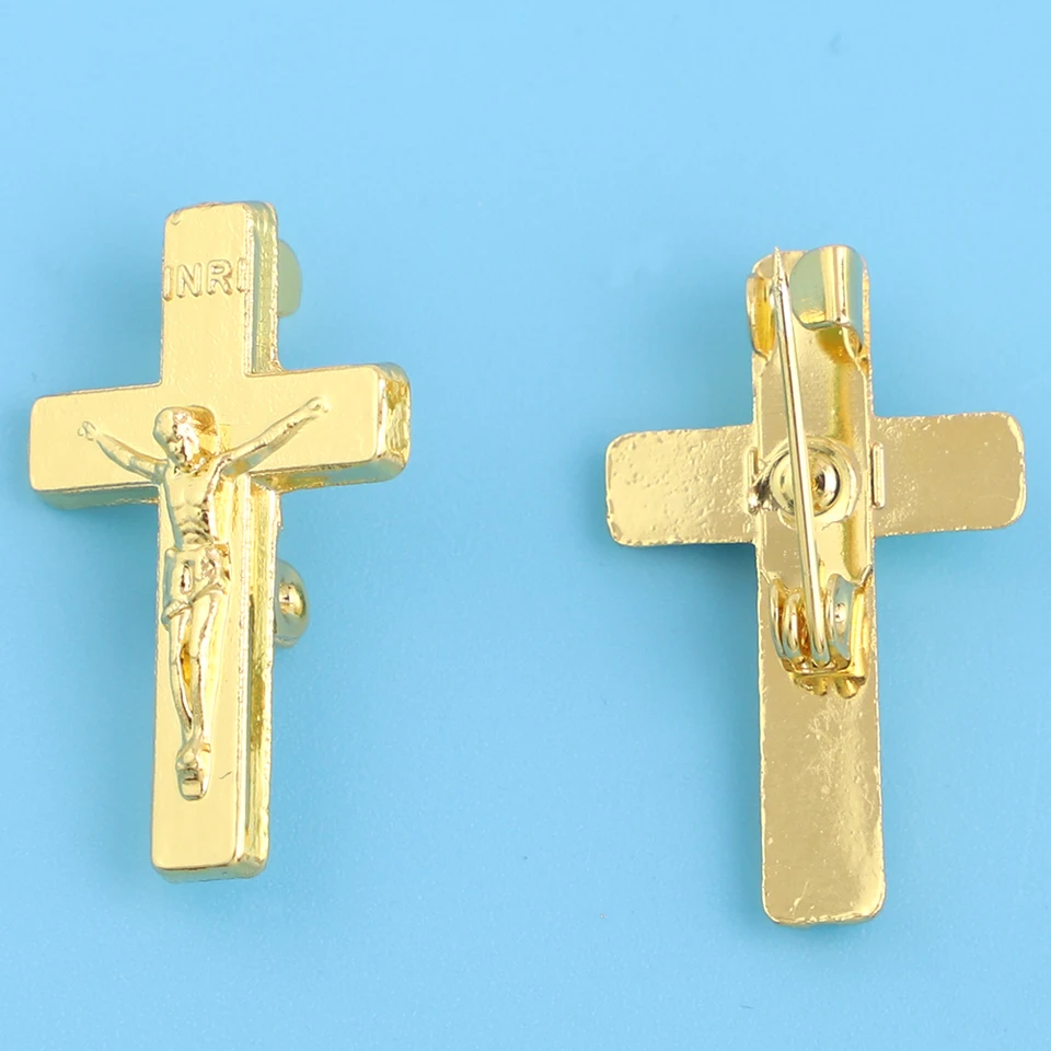 Gold Coloured Jesus Cross Crucifix Pin Badge Religious Lapel Easter