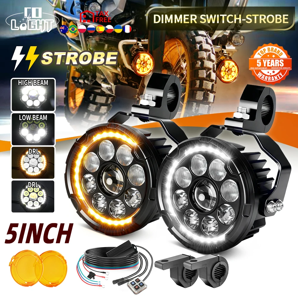 CO LIGHT 5" Motorcycle Headlights White Yellow DRL Dimmer Switch Strobe ...