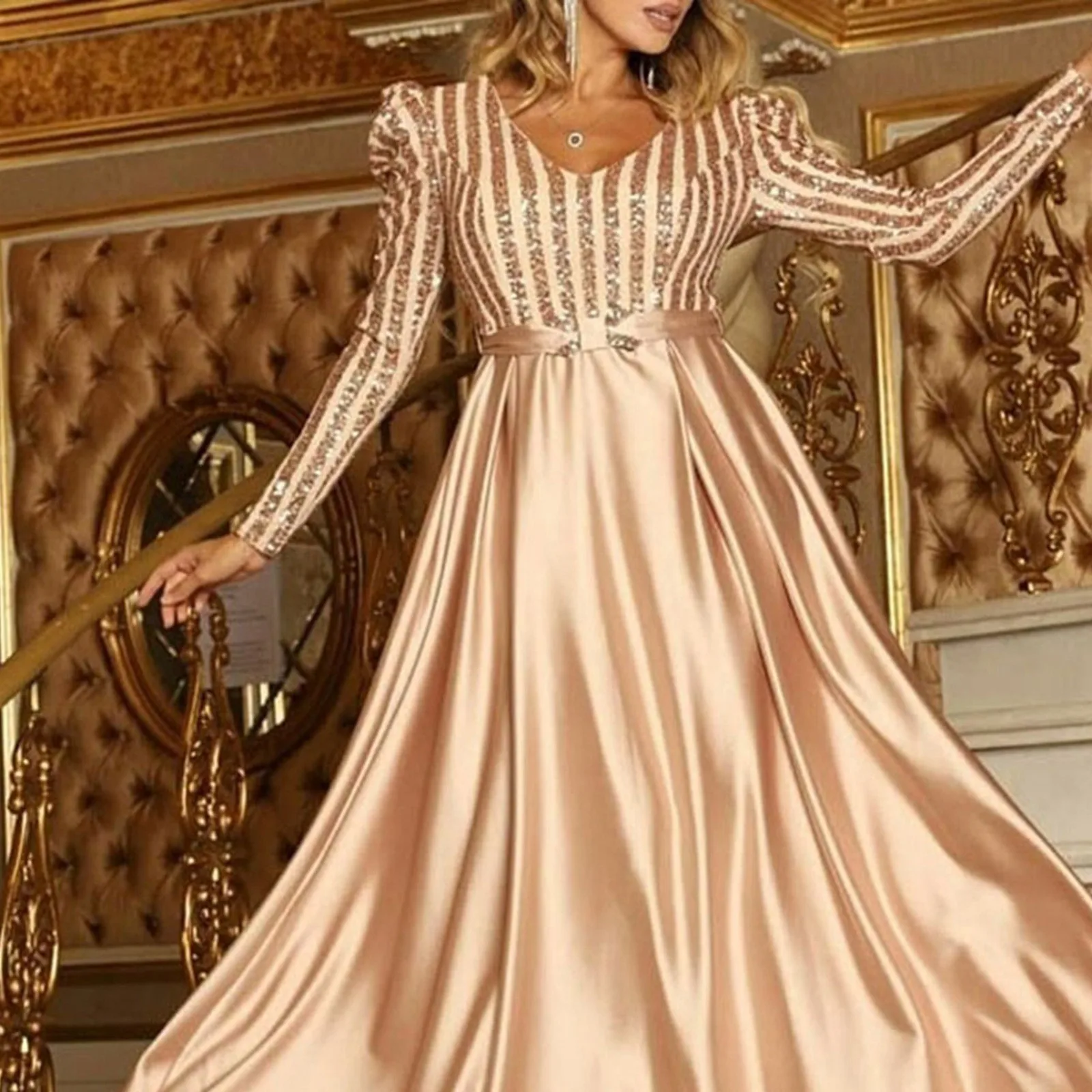 Elegant-Sequin-Cocktail-Party-Swing-Dress-Sexy-V-Neck-Long-Sleeves ...