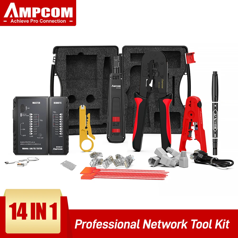 AMPCOM-Network-Tool-Kit-Lan-Tester-RJ45-Crimper-Cat6-CAT5E-Connectors ...