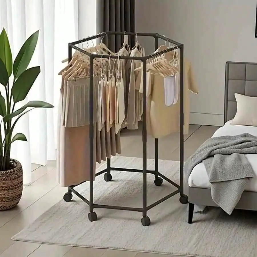 360° Rotating Hexagonal Clothes Rack W/ Wheels (150Lbs Capacity, Metal ...