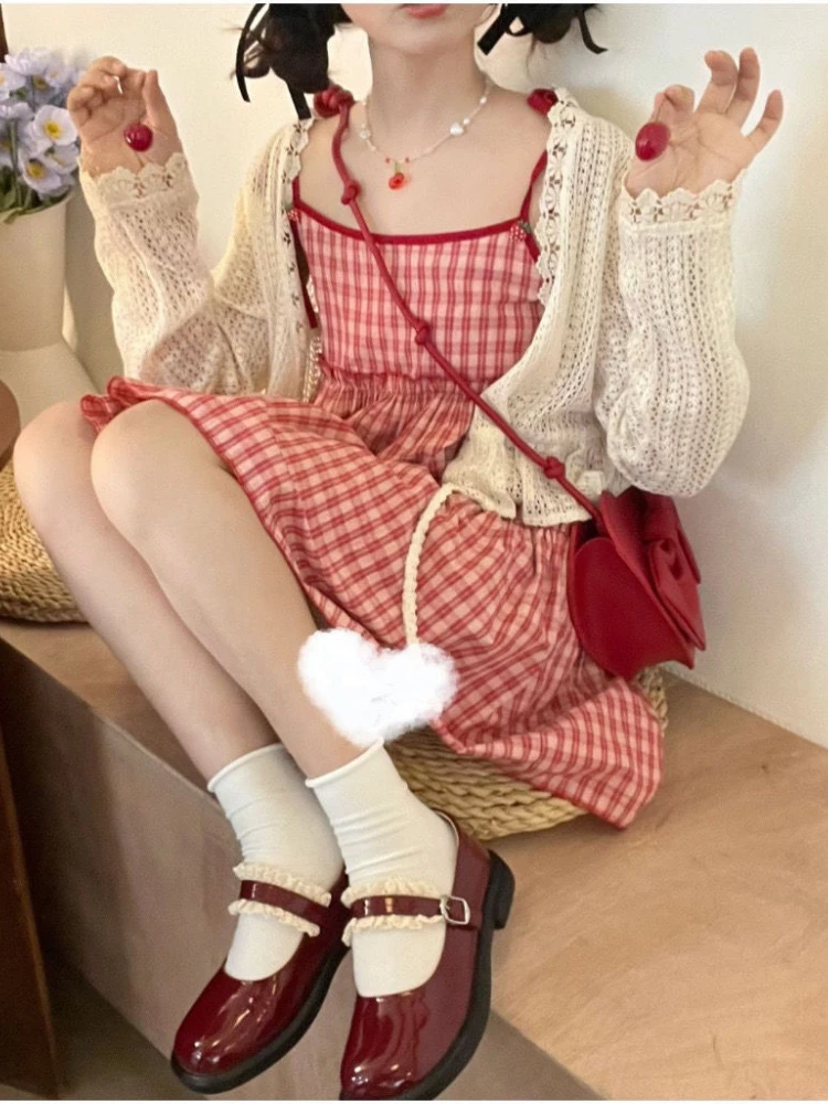 Korean Red Dress Sweets | Lolita Dress Kawaii Red | Dress Korean Plaid ...