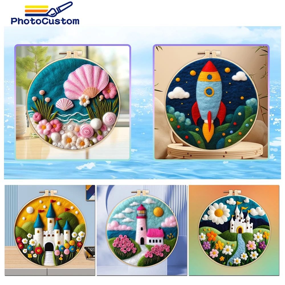 PhotoCustom 20x20cm Wool Felting Painting Kit With Frame Scenic Castle ...