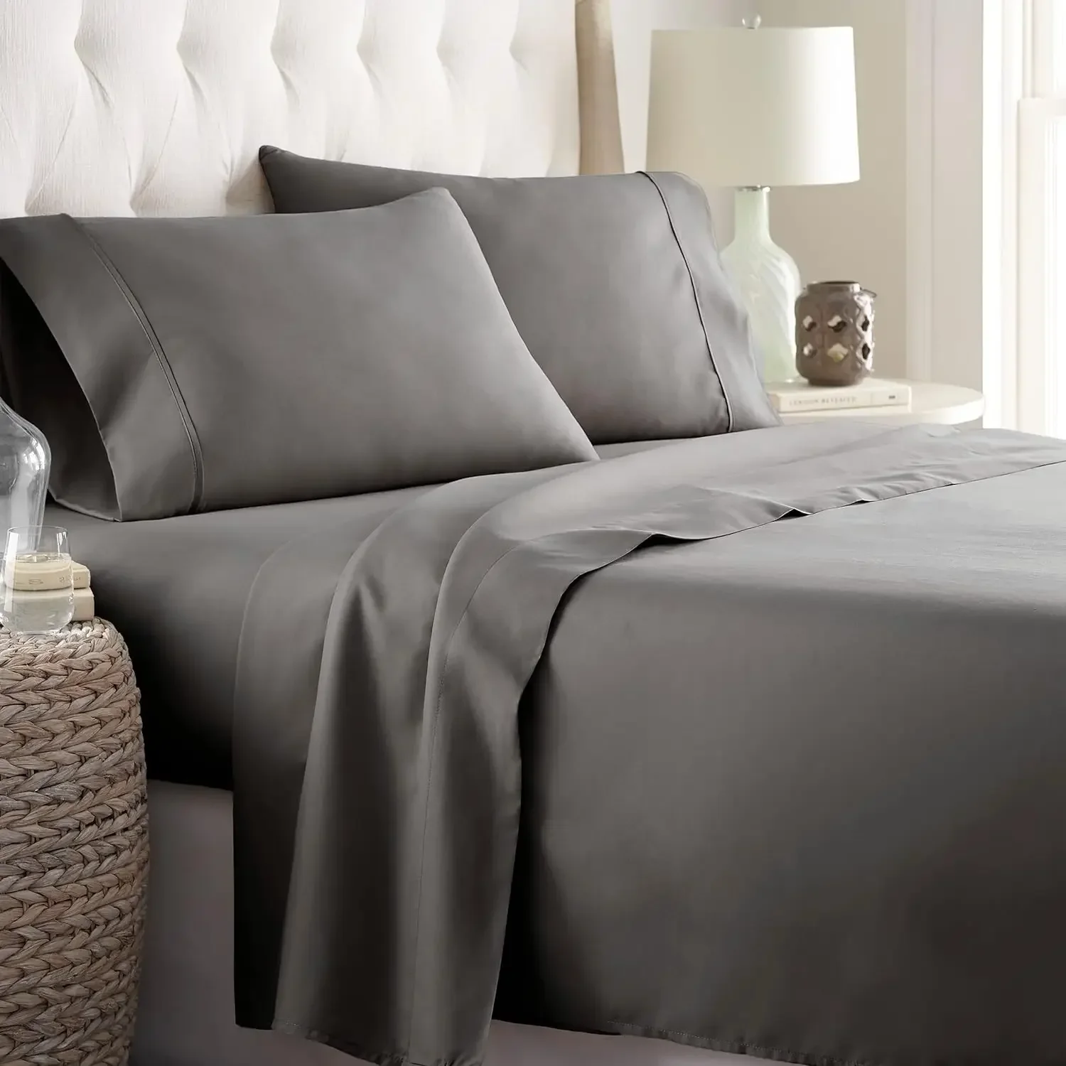 4-Piece-Luxurious-Polyester-Bed-Sheet-Set-Solid-Color-Bedding-Set-for ...