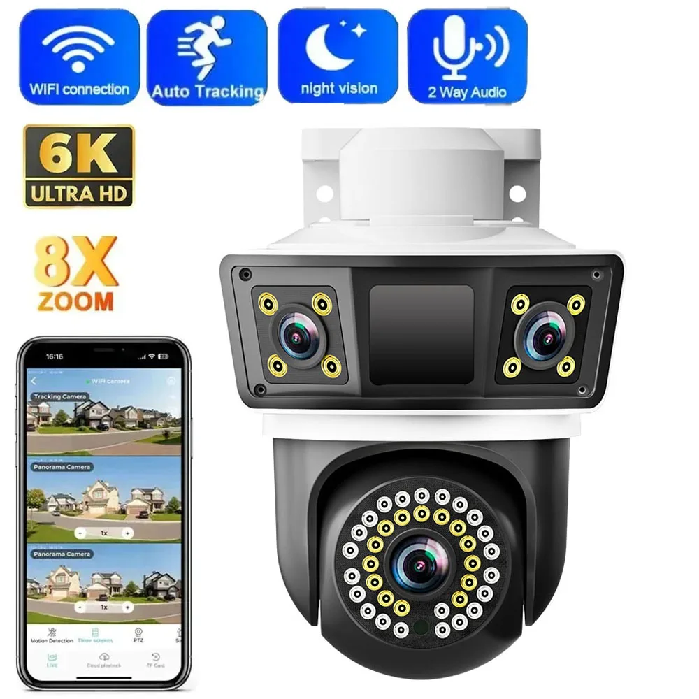 12MP Three Lens PTZ IP Camera Outdoor 6K HD Three Screen WiFi Security ...