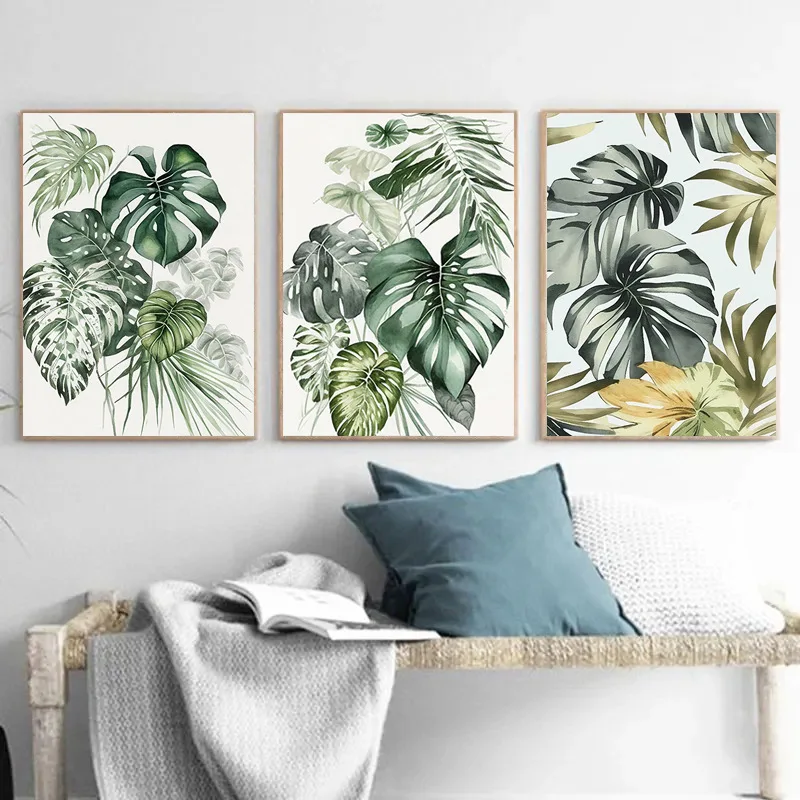 Pintura-de-acuarela-moderna-planta-Monstera-pintura-en-lienzo-sin-marco-n-rdica-carteles-para ...