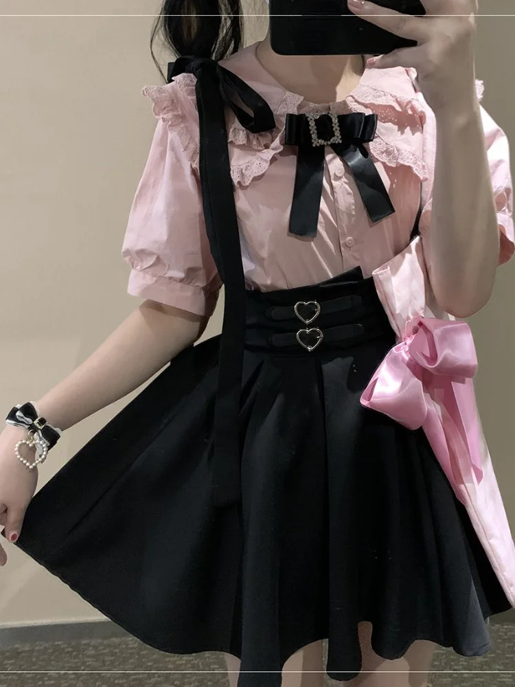 Jaoabese Lolita High Waist Mini Suspender Skirt Y2k Aesthetic Sweet Women Solid Streetwear ...