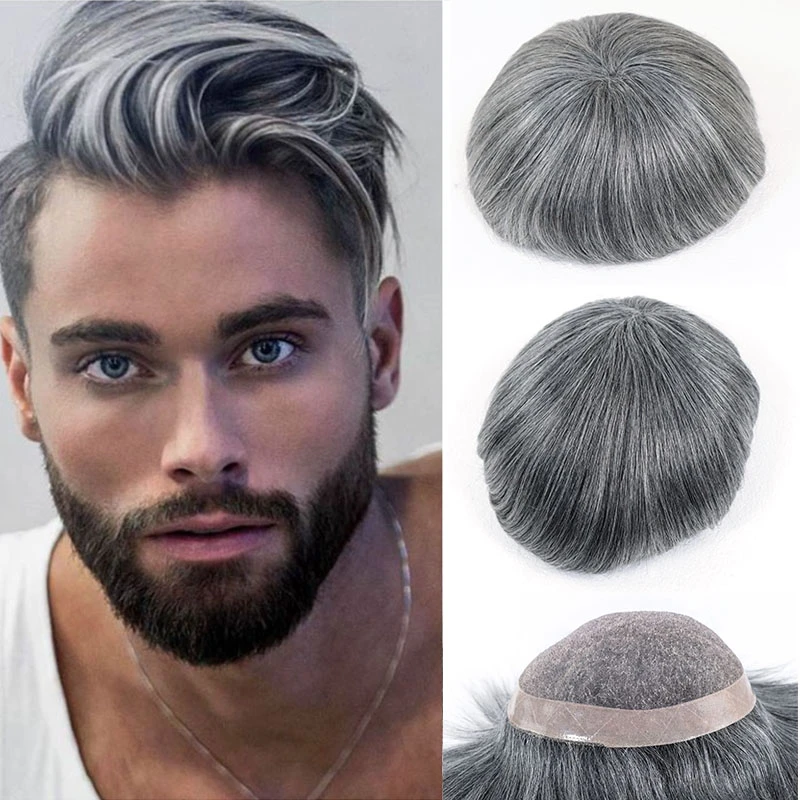 Toupee Men Human Hair Grey Hair | Mono Pu Grey Wigs | Human Hair Net ...