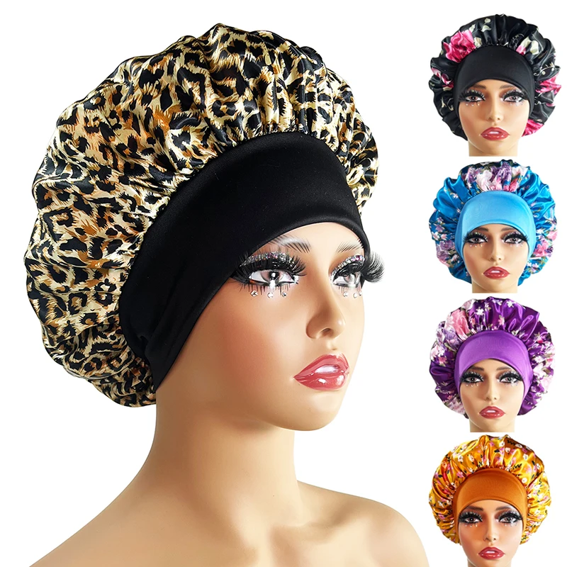 New-Leopard-Print-Satin-Bonnet-Night-Sleeping-Cap-For-Women-Shower-and ...