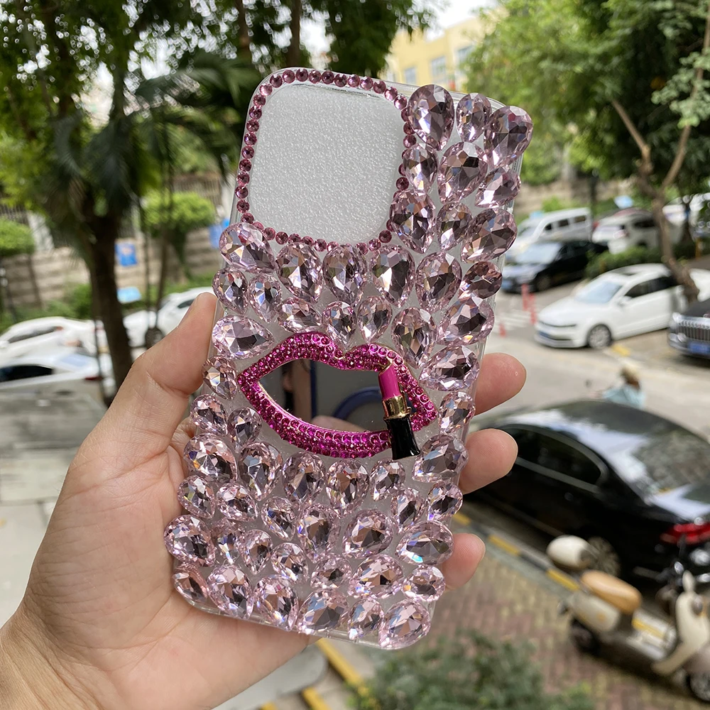 Bling Rhinestone Mirror Lipstick Sexy Lip Phone Cover For iPhone 16 15 ...