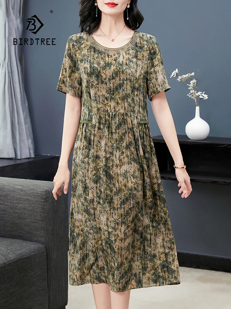 BirdTree-100-Real-Silk-Eleagnt-Dresses-Women-Short-Sleeve-Printed ...