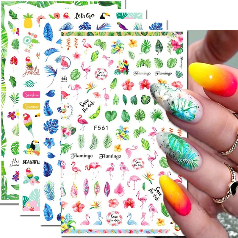 Nail Art Decals Tropical Palms Leafs Frangipani Flowers Flamingo Back ...