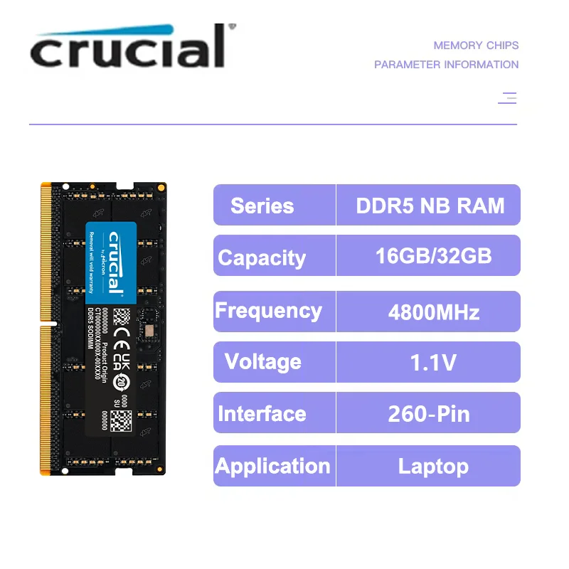 Memoria RAM Crucial para computadora portátil DDR5 de 8 GB, 16 GB, 32 GB, 4800 MHz, 5600 MHz, 1 ...