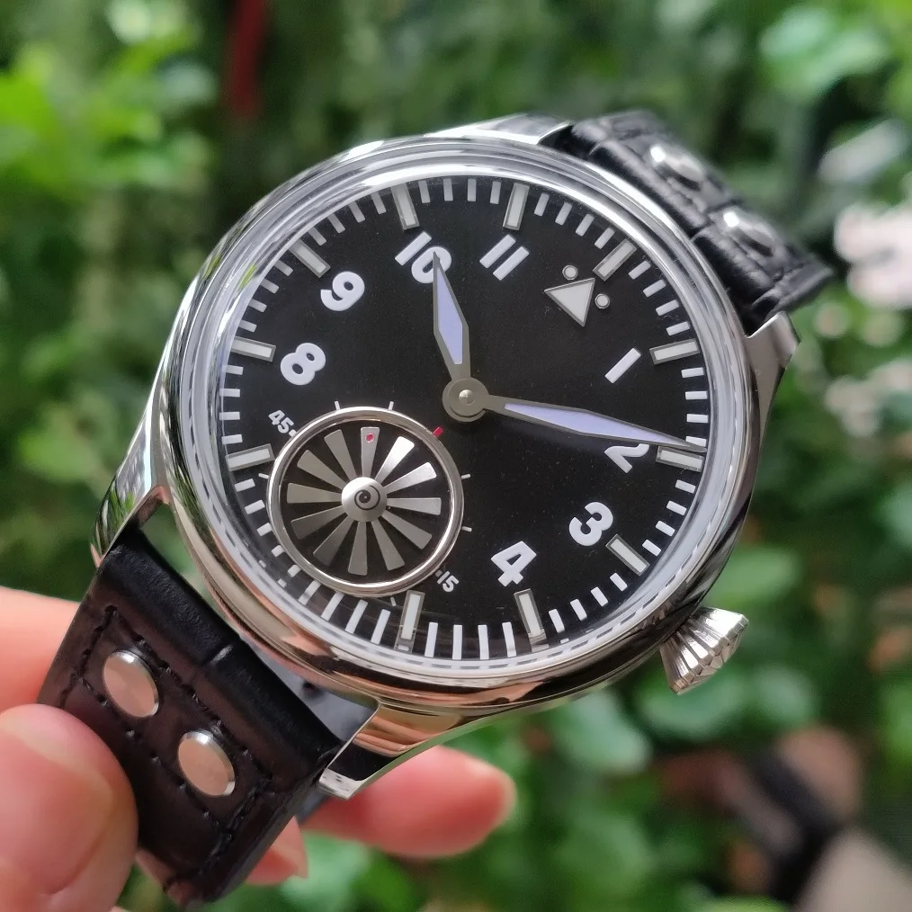 none-logo-44mm-Mechanical-Hand-Wind-Watch-Black-dial-Turbine-shape ...
