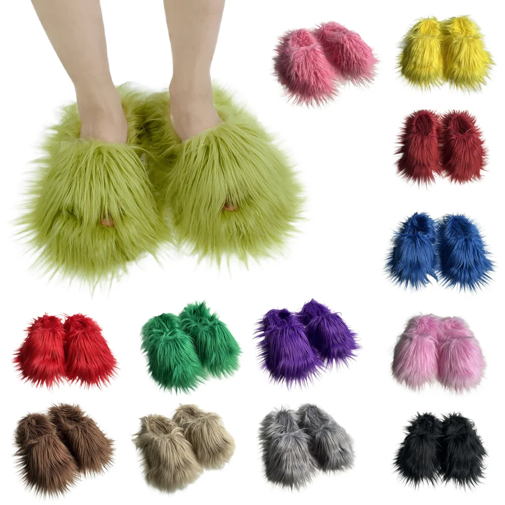 New-Design-Flat-Bottom-Fluffy-Fuzzy-Shoes-Long-Sheepskin-Slide-Women ...