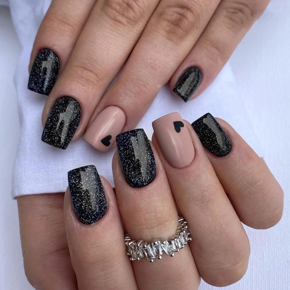 ARTAUG 24PCS Medium square black press on nails glitter powder nails ...