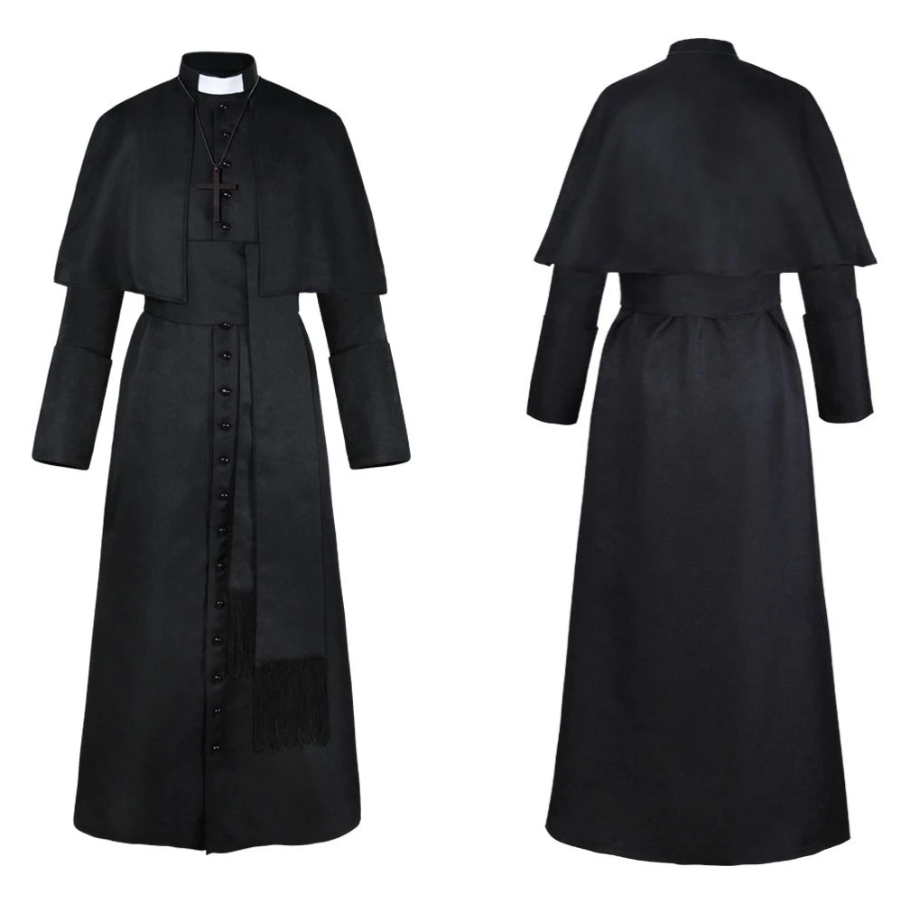 Medieval Priest Cosplay Costume for Men Wizard Monk Pastor Black Robe ...