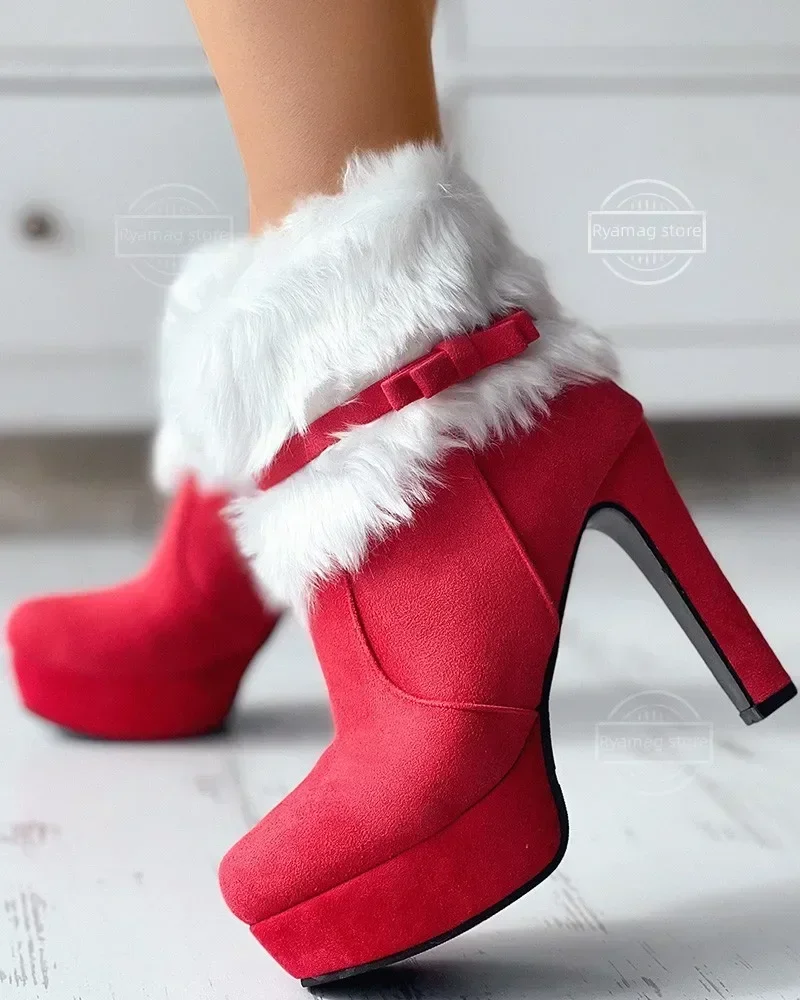 Boot Women's Bowknot Design Stiletto Heel Fuzzy Ankle Winter Shoes ...
