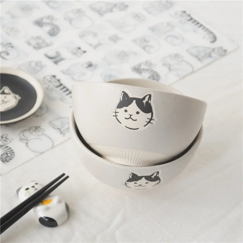 Japanese-Hand-painted-Stoneware-Cat-Face-Ceramic-Bowl-4-5inch ...