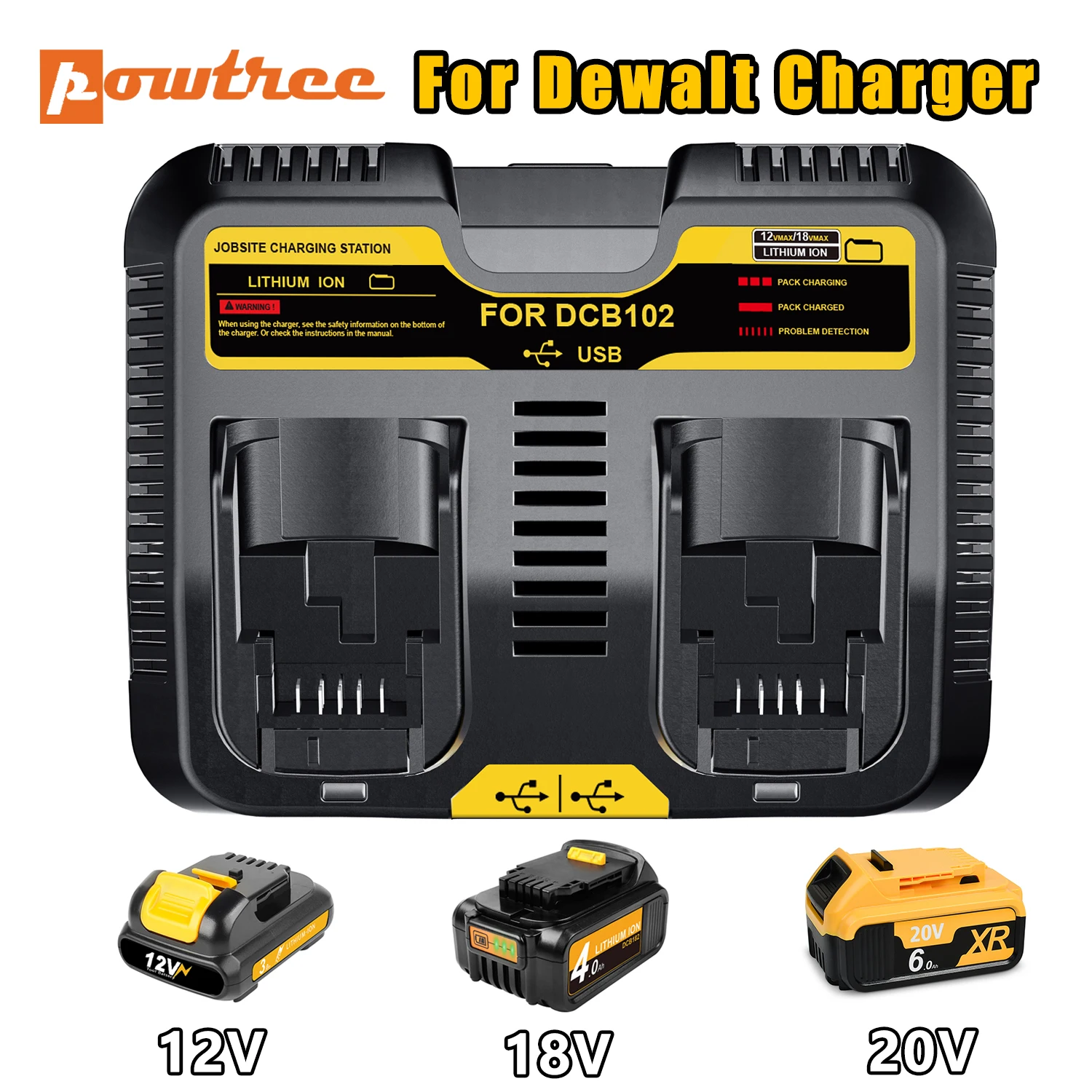 Powtree DCB102 Li-ion Battery Charger Dual Port For Dewalt 12V 14.4V ...