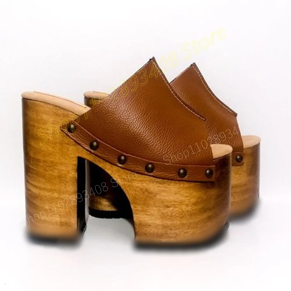 Brown-Woodern-Peep-Toe-Platform-Slippers-Elegant-Chunky-High-Heel-Matte ...