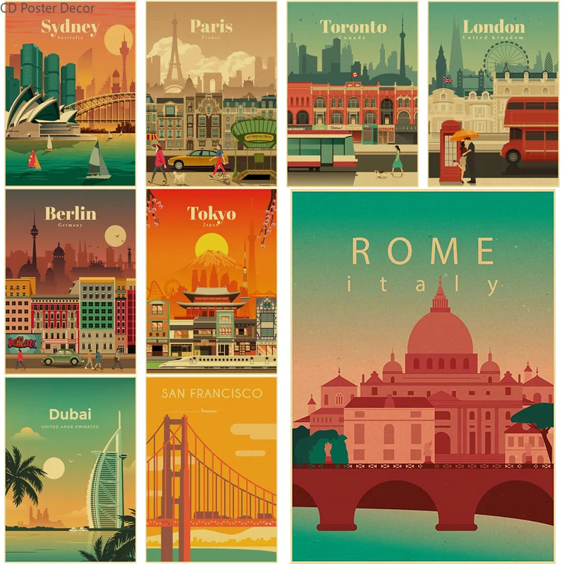 World Cities Travel Poster Rome Sydney Paris Dubai Retro Prints ...