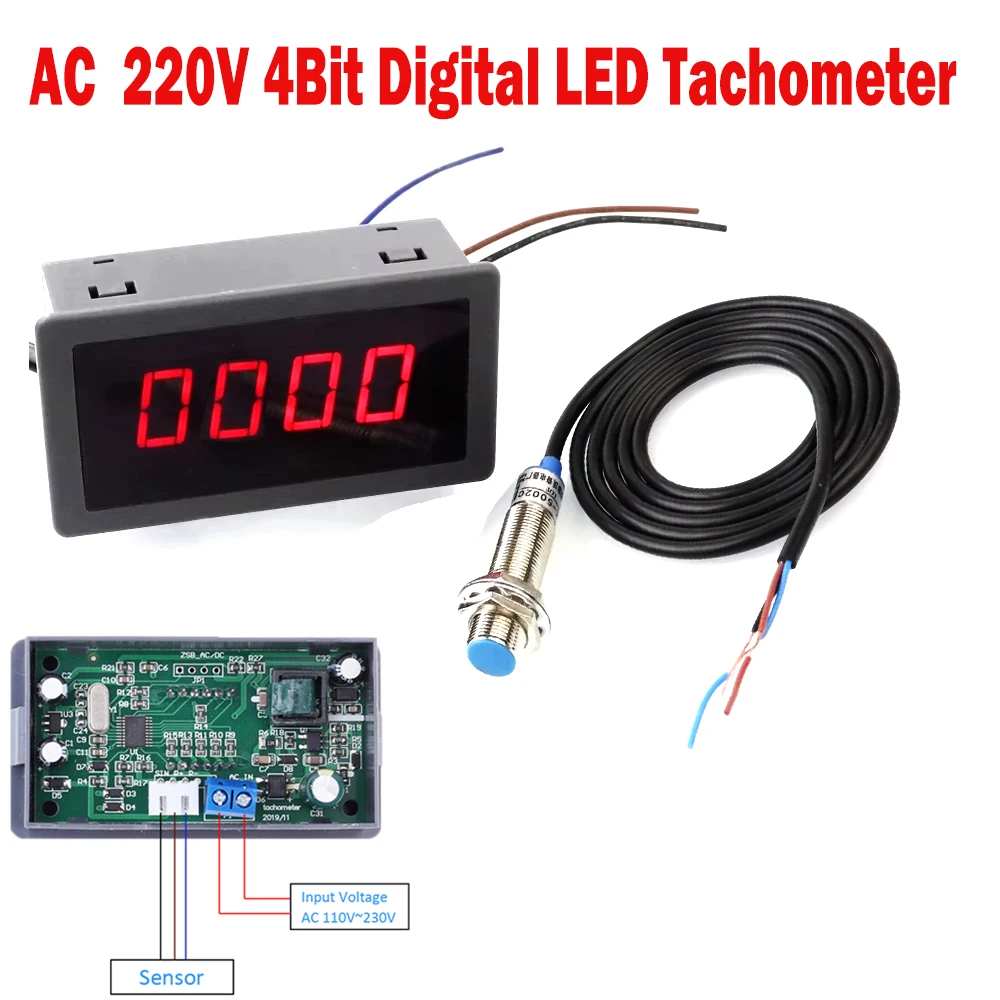 AC 110V 220V 4Bit Digital LED Tachometer RPM Speed Meter Hall Proximity ...