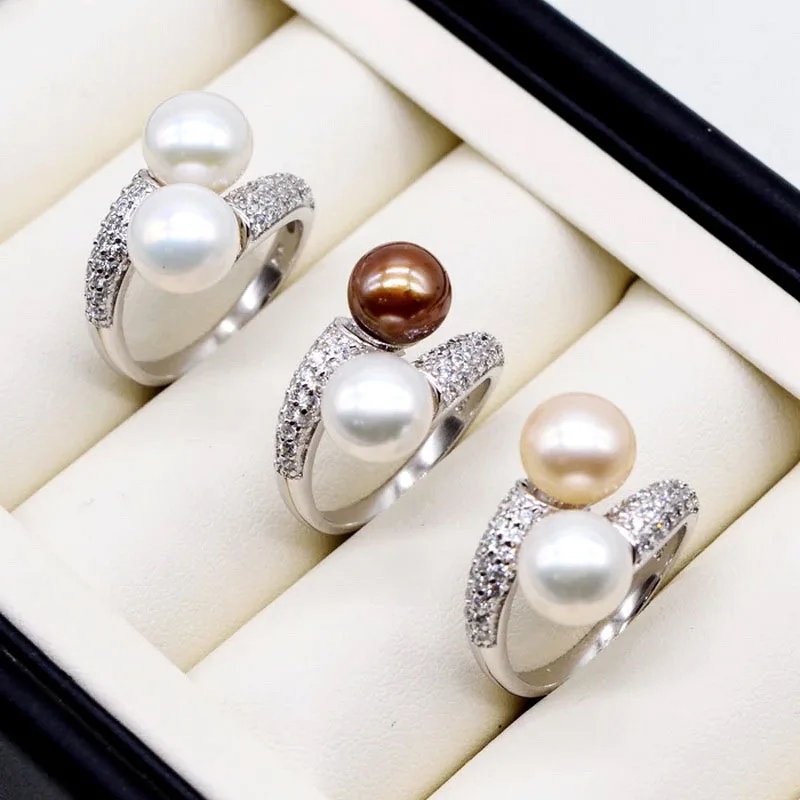 Double Pearl Rings Round Natural Freshwater Pearls Silver Rings ...