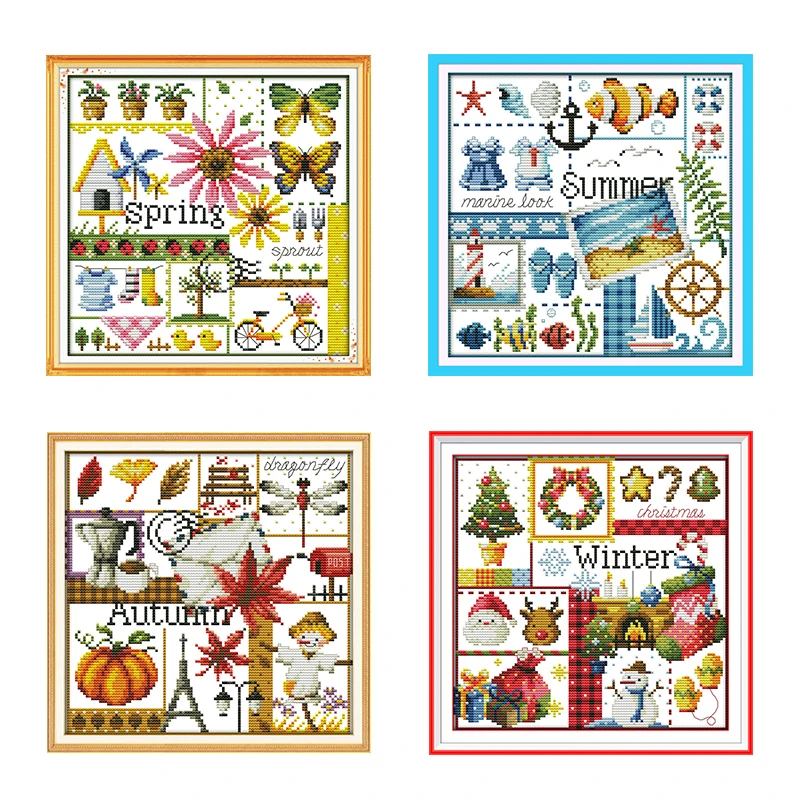 Four Seasons Pattern Spring Summer Autumn Winter Counted Cross Stitch ...