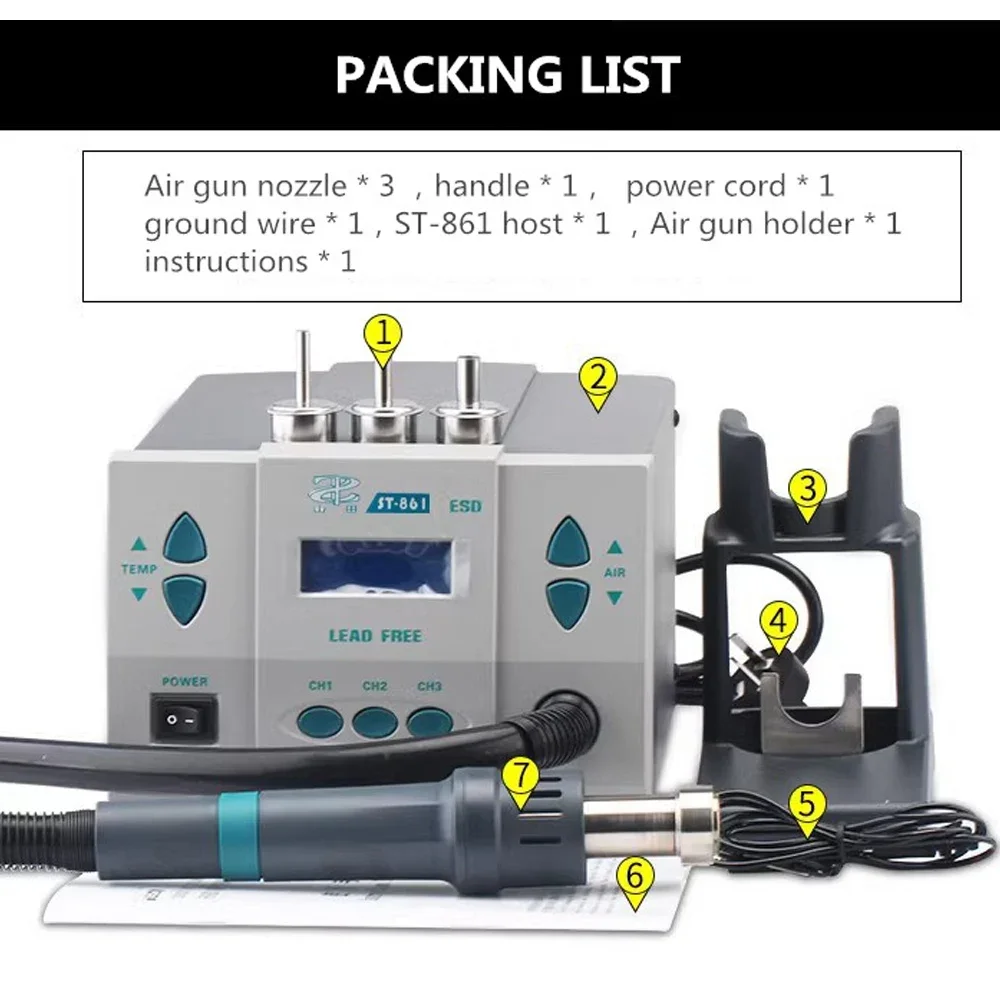 ST-861 1000W Lead-free Adjustable Hot Air Gun Rework Station Soldering ...
