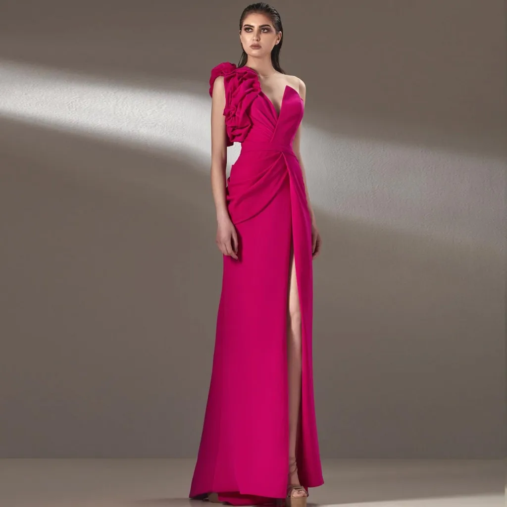 One Shoulder Red Evening Dress | Red Shoulder Prom Dress Satin - One ...