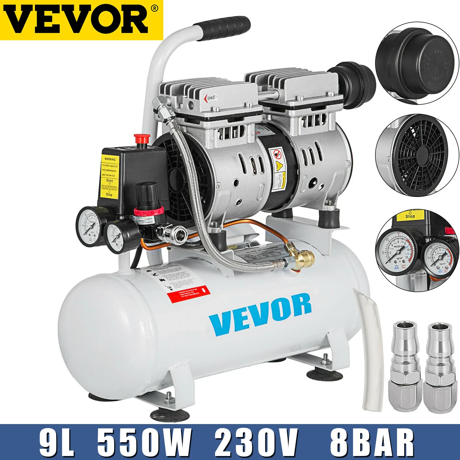 VEVOR-9L-Silent-Air-Compressor-with-Pure-Copper-Motor-550W-Oil-free-Air ...