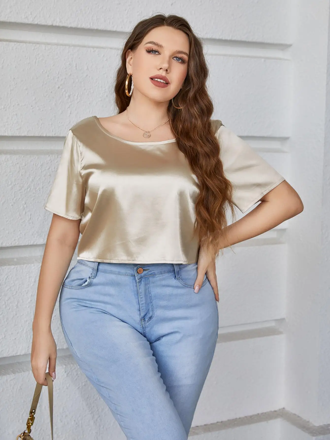 Plus Size Women's Casual Gold Silk Satin Blouse Short Sleeves Crew Neck Tie Back V Cut Sexy ...