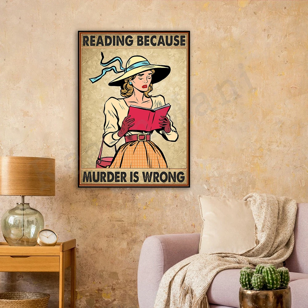 Reading Because Murder Is Wrong Poster, Retro Girl Reading Book Poster ...