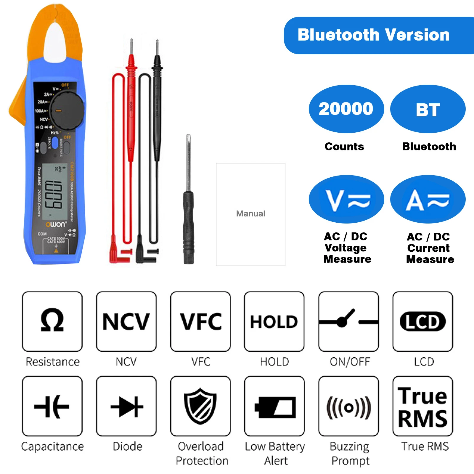 OwonCM2100B /CM210020000 Counts Digital Multimeter Mini Bluetooth Clamp ...