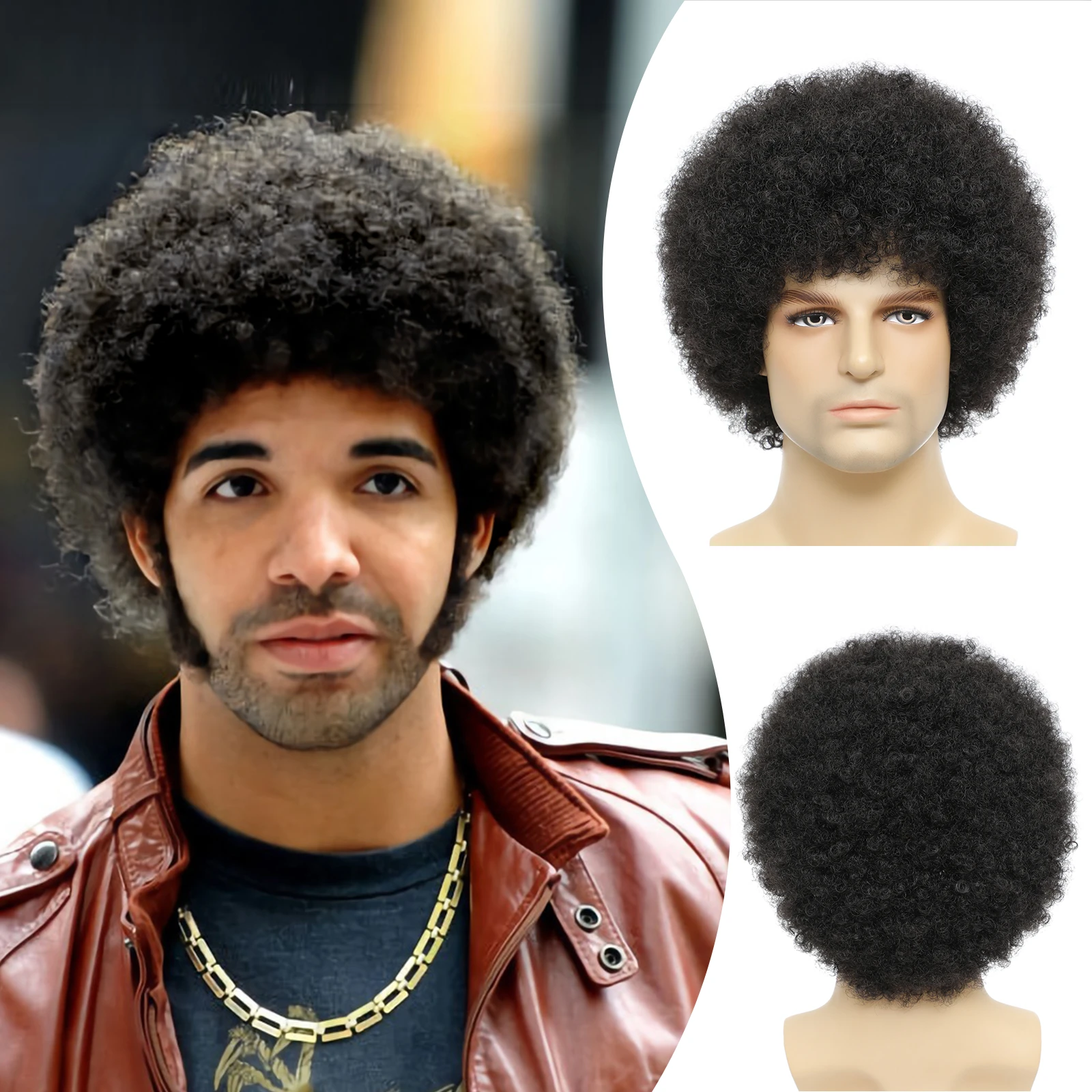 BCHR Afro Kinkly Curly Wigs Synthetic Wig for Black Men Natural Color ...