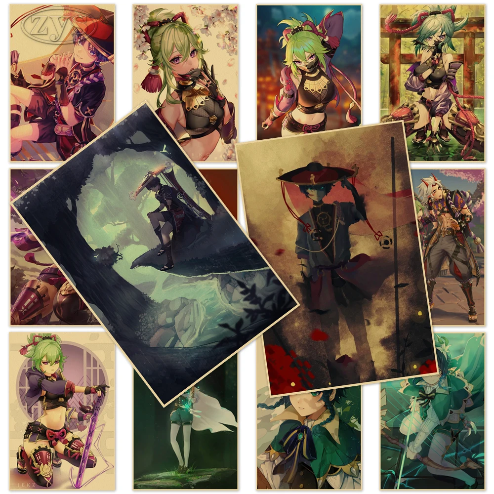 Genshin Impact Kraft Paper Venti Wall Art Xiao Picture Sucrose Poster ...