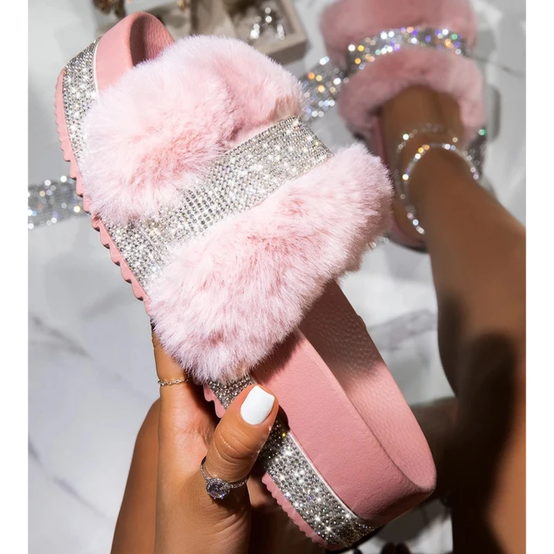 2024-Winter-Designer-Fur-Rhinestone-Slippers-Women-Luxury-Platform-Heel ...