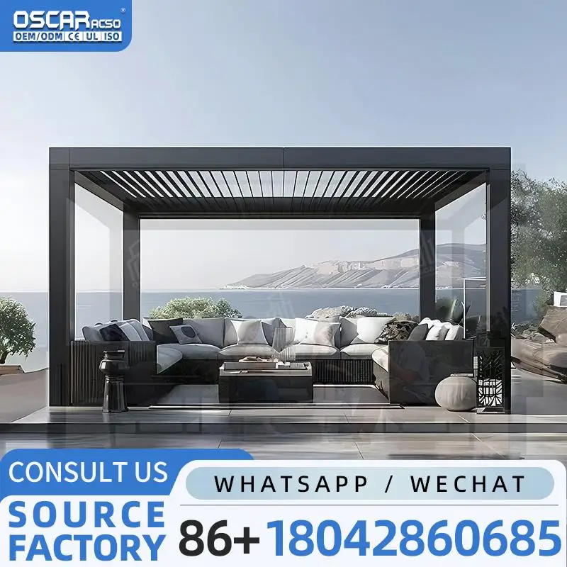 New Design Motorized Louvered Aluminum Pergola With Sliding Glass ...