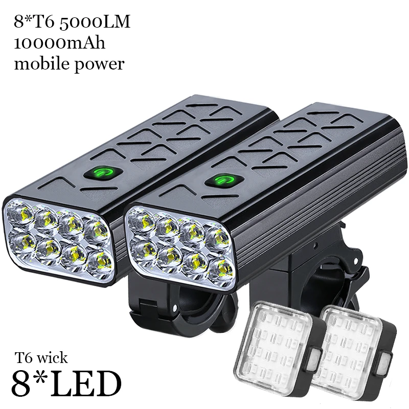 2 Set 10000mAh Headlight Bicycle Light Powerful 8*LED Bike Flashlight ...