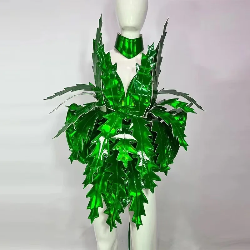 Carnival Rave Outfit Drag Queen Clothing Green Laser Leaf Stage Costume ...