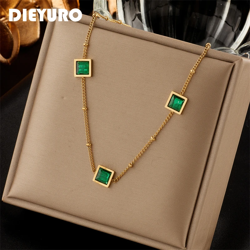 DIEYURO 316L Stainless Steel Green Crystal Necklace For Women Vintage Ladies Clavicle Chain ...