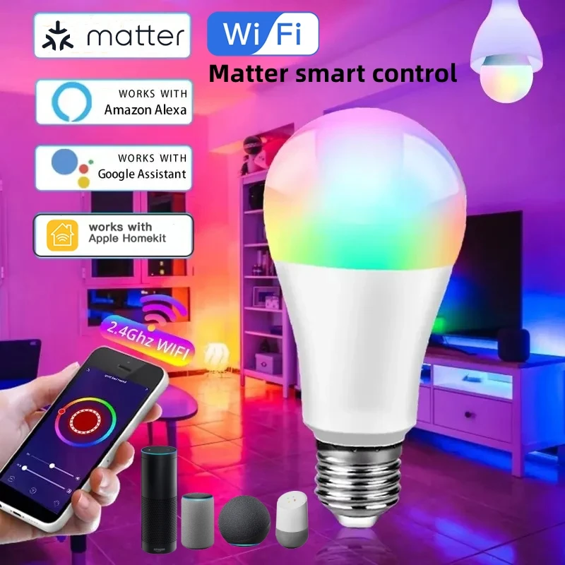 Matter-WiFi-Smart-Bulb-Dimmable-Led-Light-16-Million-RGB-Colors-E27 ...