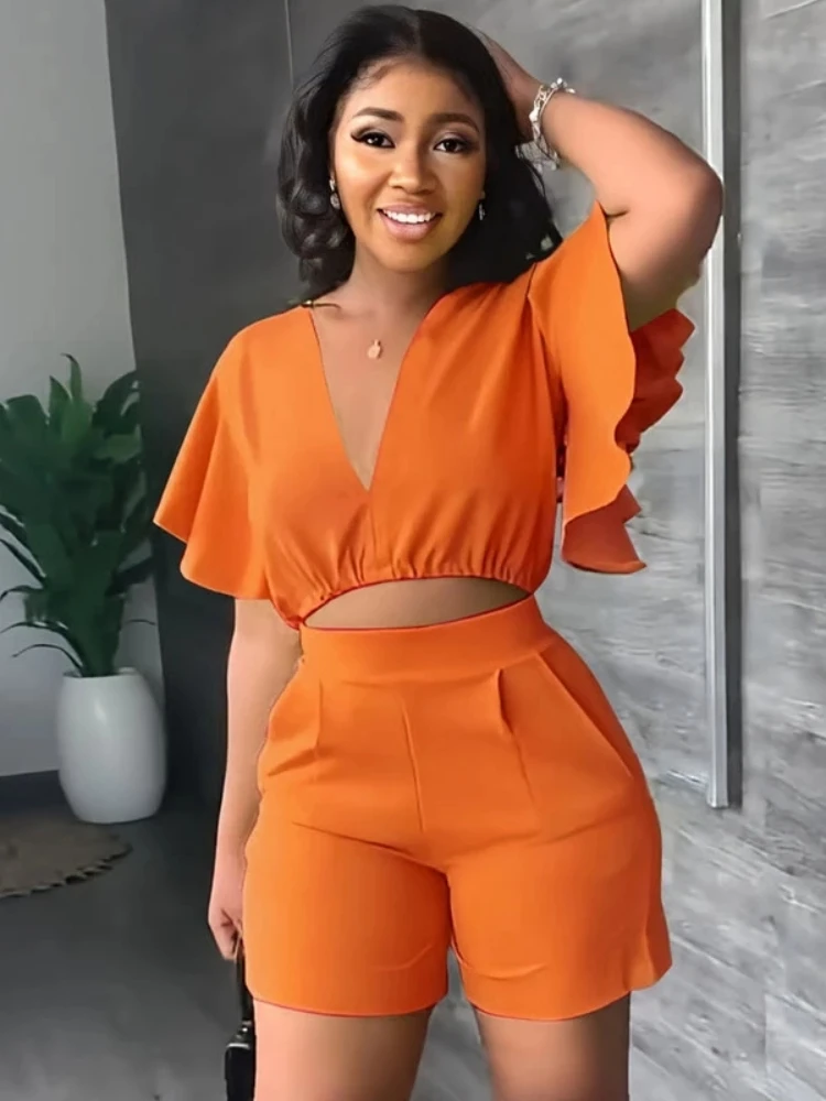 Women Two Piece Outfit Sexy Deep V Neck Ruffle Sleeve Casual Pockets ...