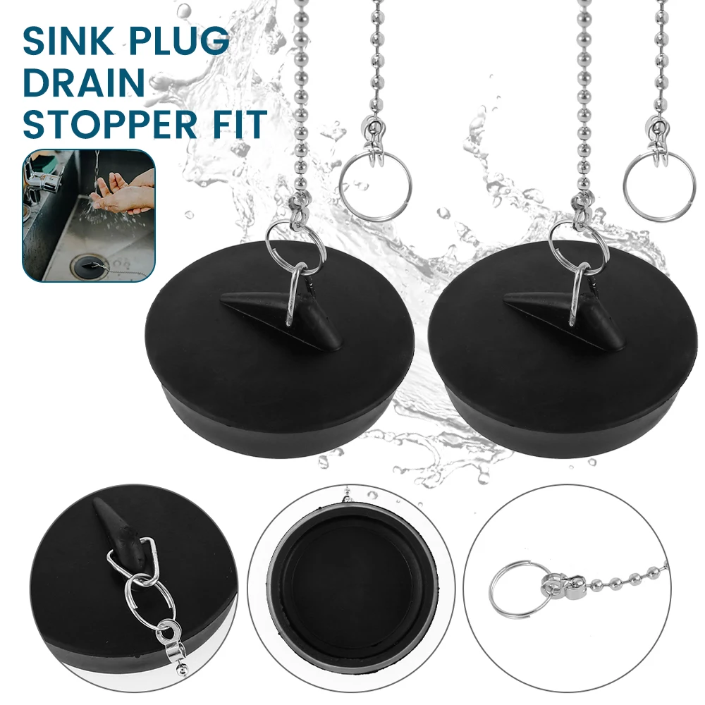 2pcs Sink Plug Universal Rubber Drain Stopper With Round Beaded Chain ...