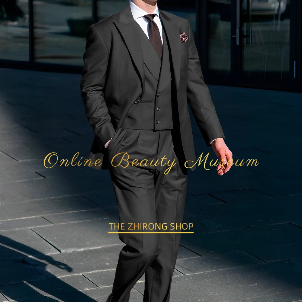 Dark gray formal suit for men 3pcs peak lapel blazer vest pants set for ...