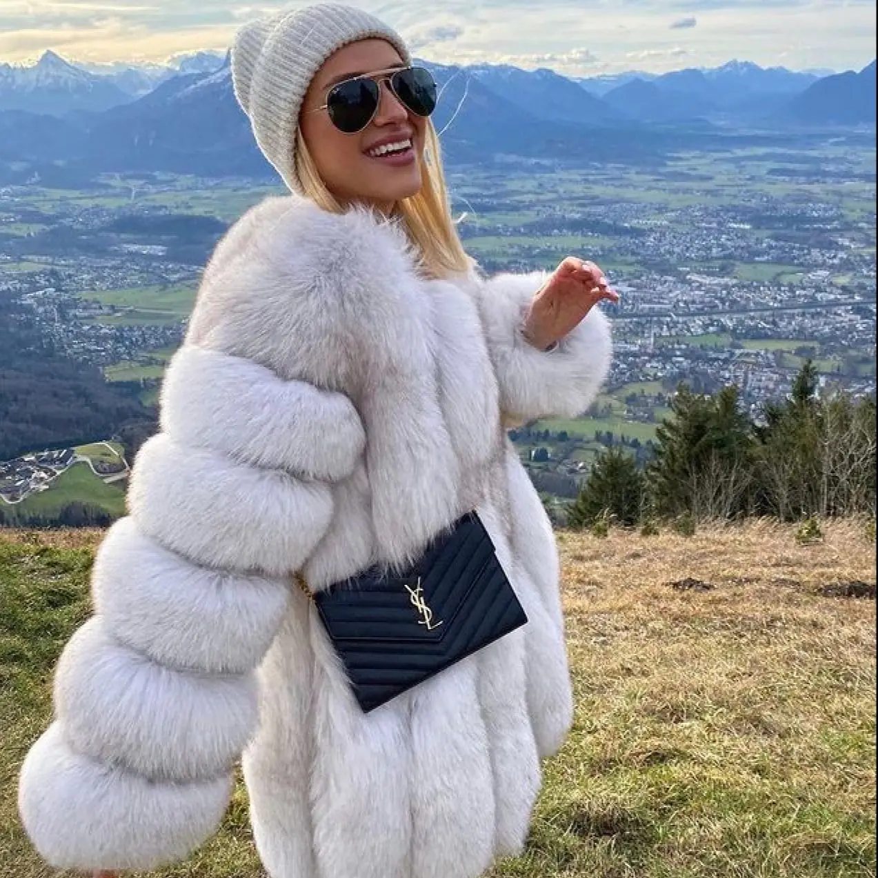 MISSJANEFUR Women Fox Fur Coat Natural Fur Fashion Luxury Medium Long ...