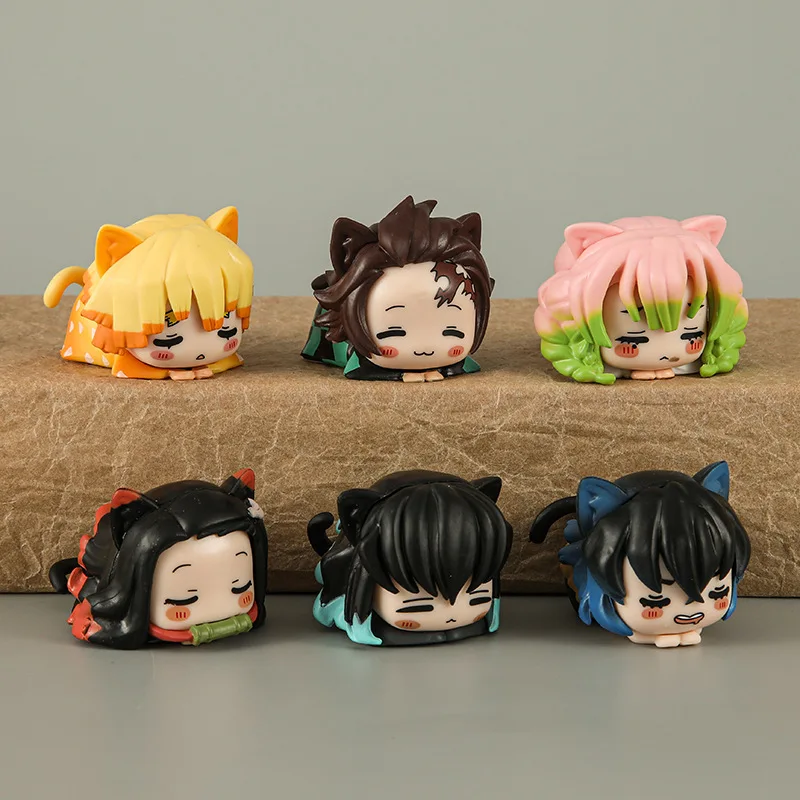 6pcs Demon Slayer Lying Down Statues Cartoon Tanjiro Nezuko Yuzuki Miho ...
